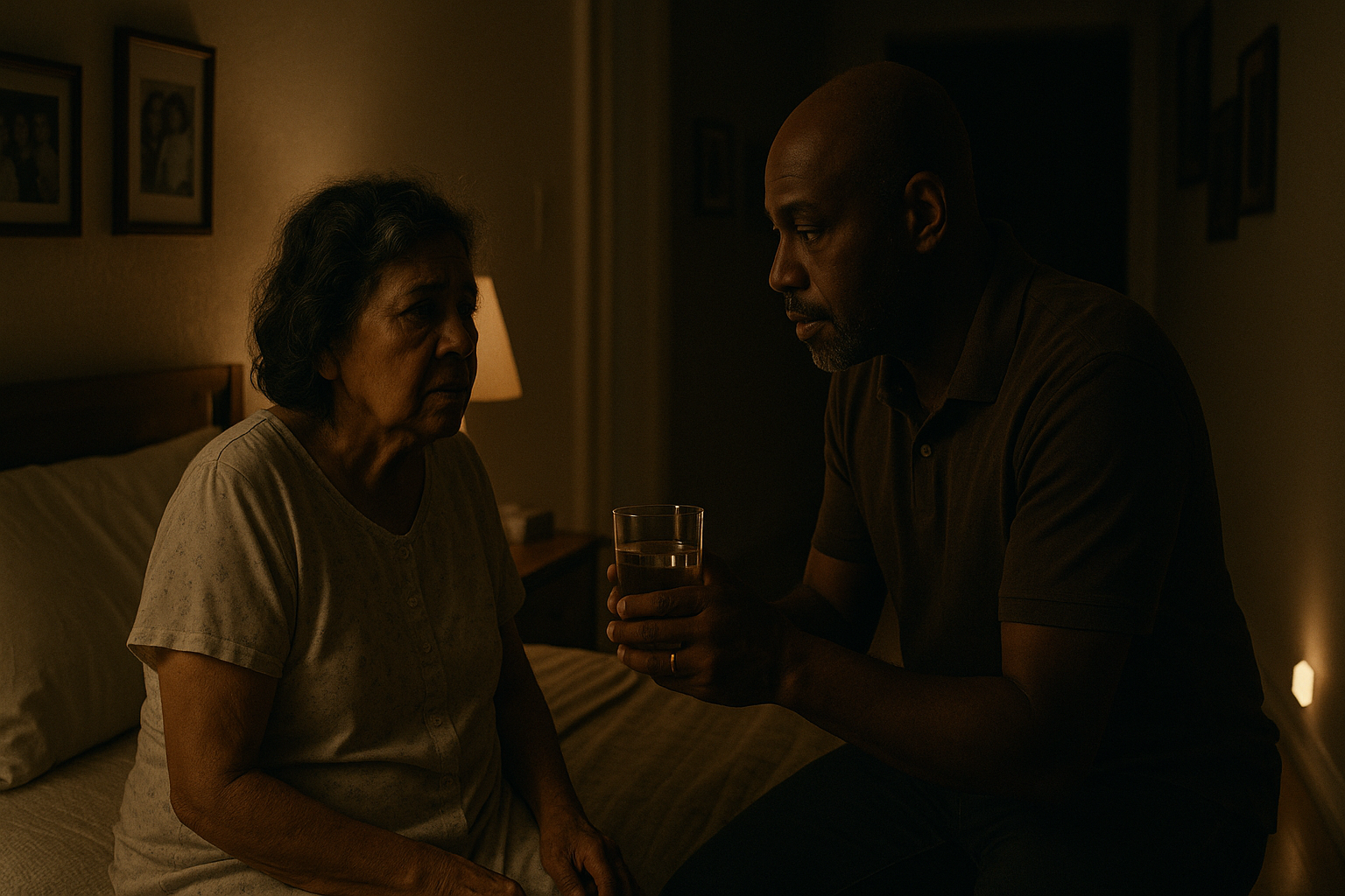 Caregiver providing night reassurance with motion-sensing lights for ...