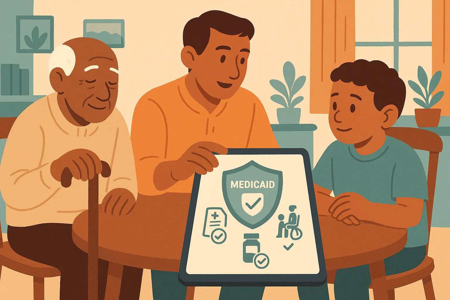 Grandparent, parent, and child review a Medicaid card on a tablet ...