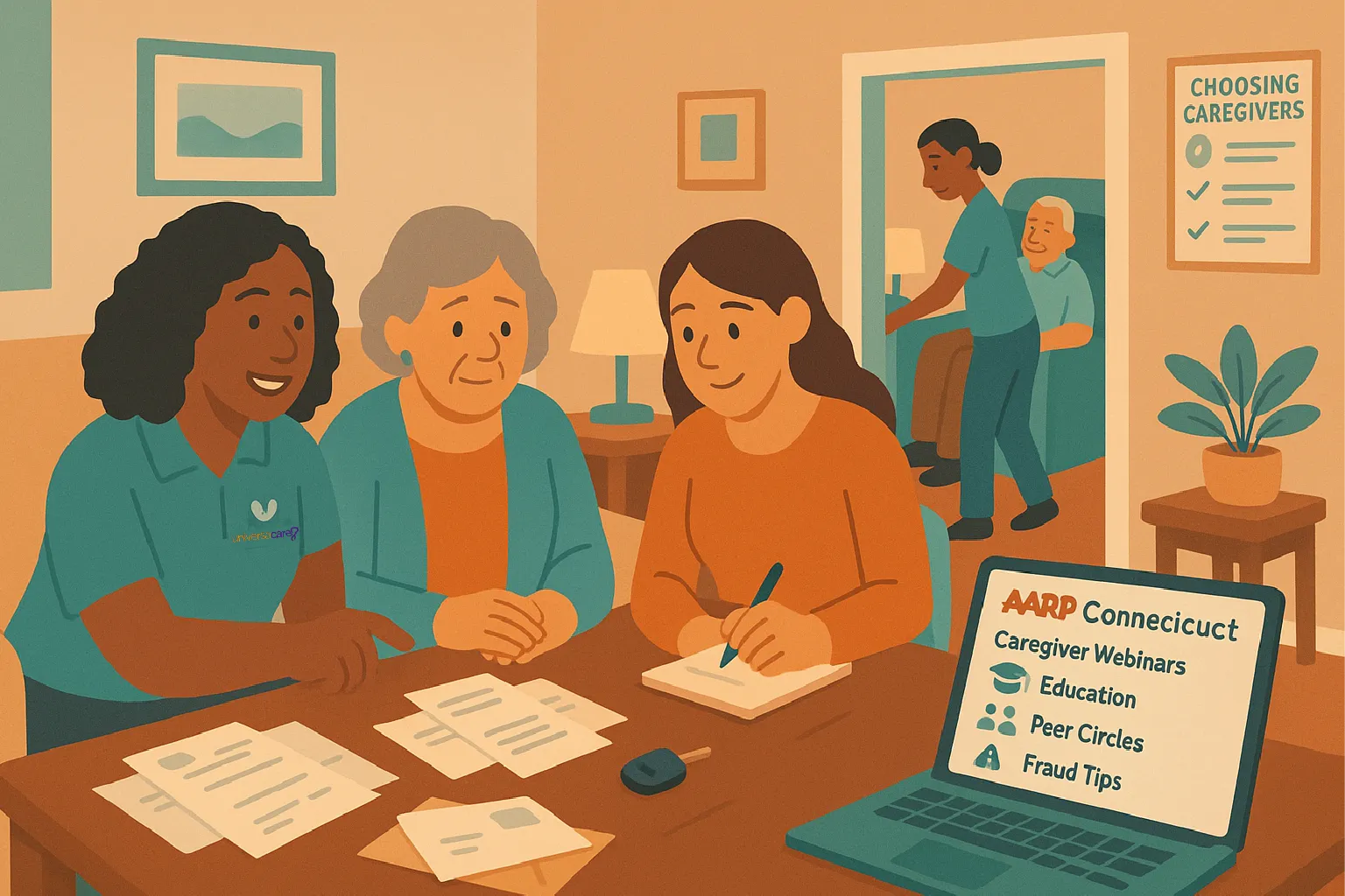 Mrs. Daniels and her daughter review AARP CT caregiver resources with a ...