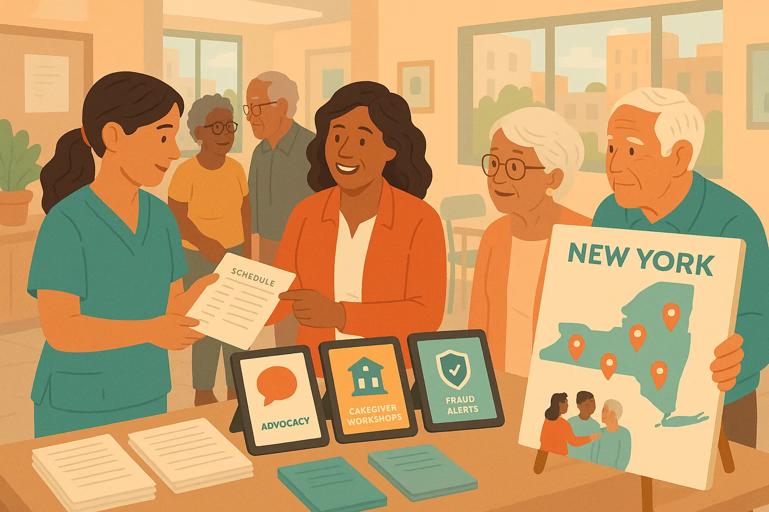 Older adults and caregivers talk with a representative at a New York ...